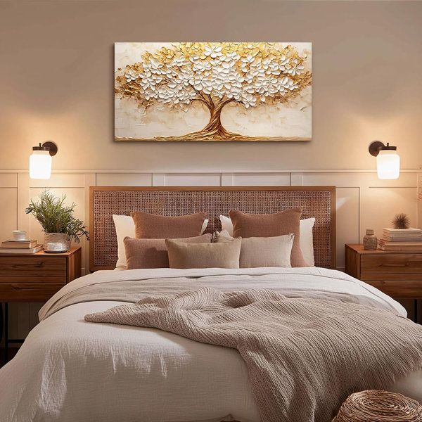Latitude Run® Tree Of Life Large Wall Art, Blooming Flower Tree Art Prints, White Gold Abstract ...